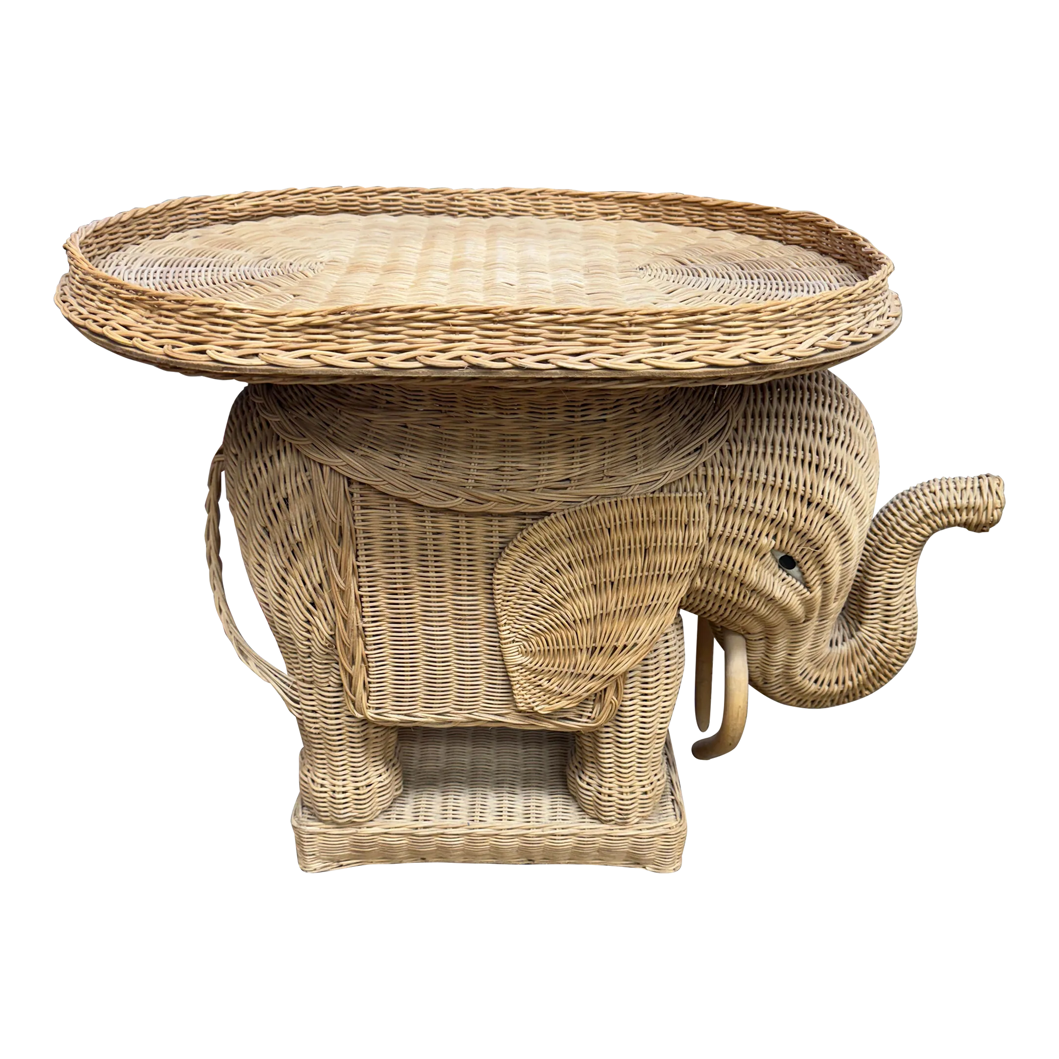 Vintage Natural Wicker Elephant Stool With Tray | Chairish