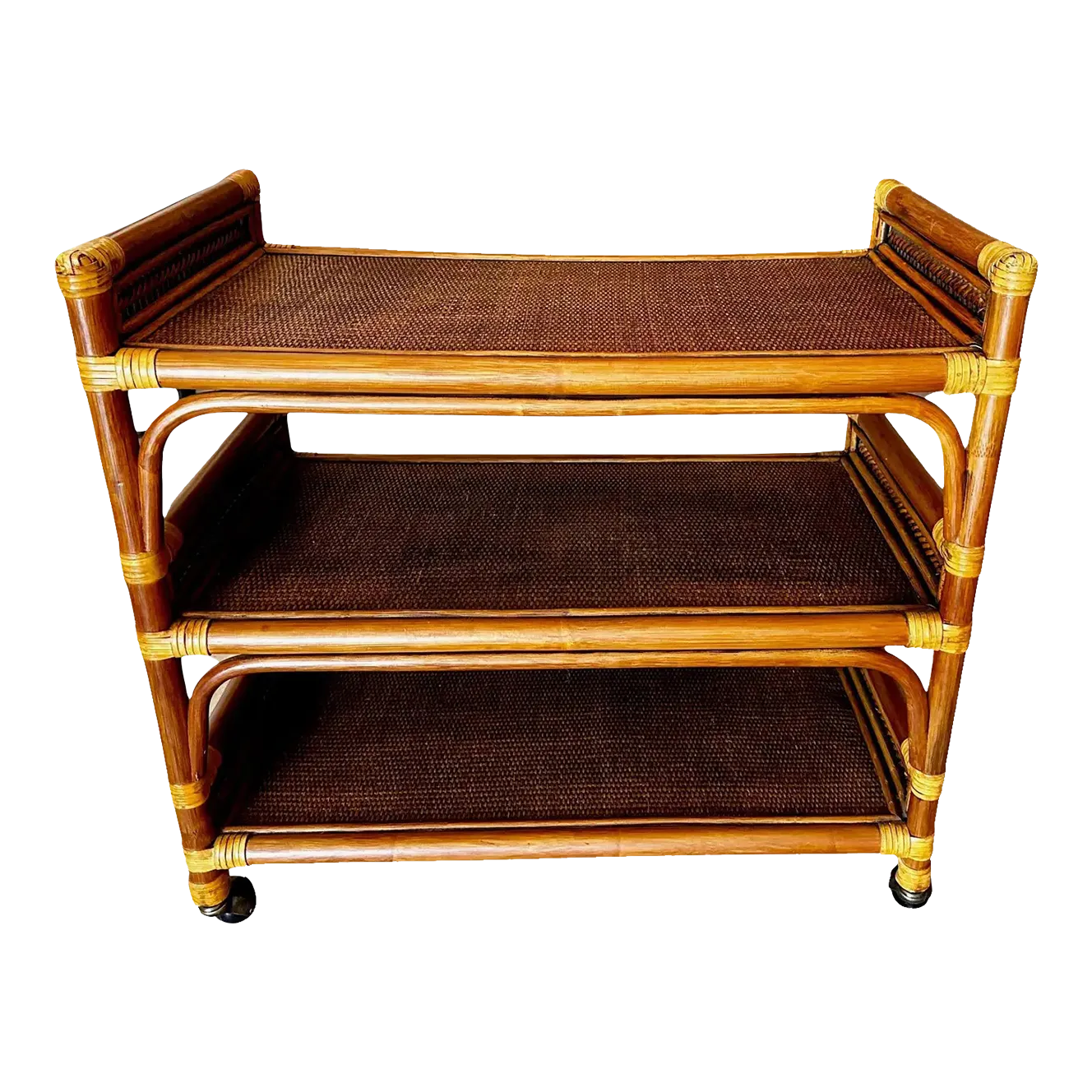Mid-Century Three-Tier Bamboo & Caning Bar Cart | Chairish
