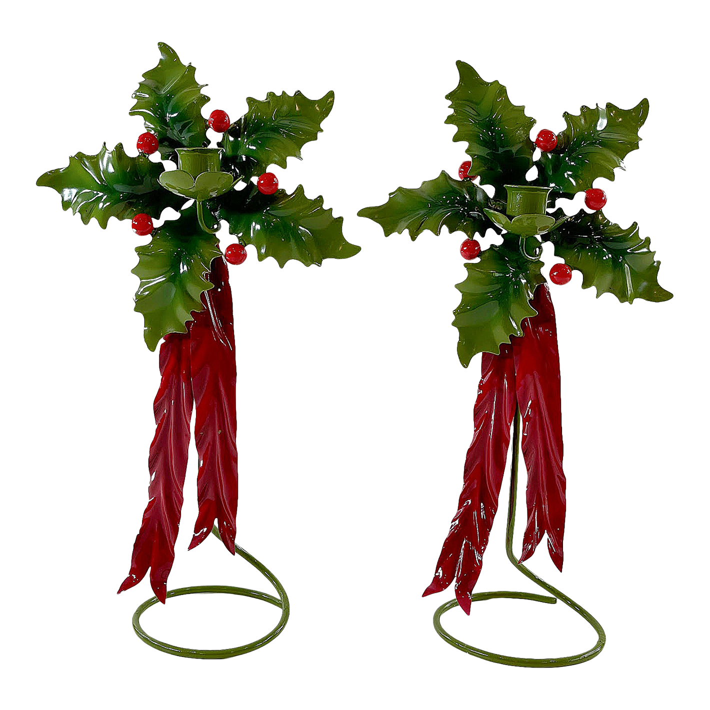 1960's Italian Hand-Painted Tole-Ware Holly Candle Sticks - a Pair ...