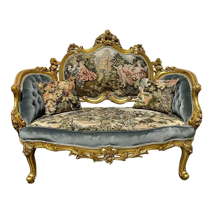 French Style Sofa Tufted Settee Bench with Blue Velvet & Patterned ...