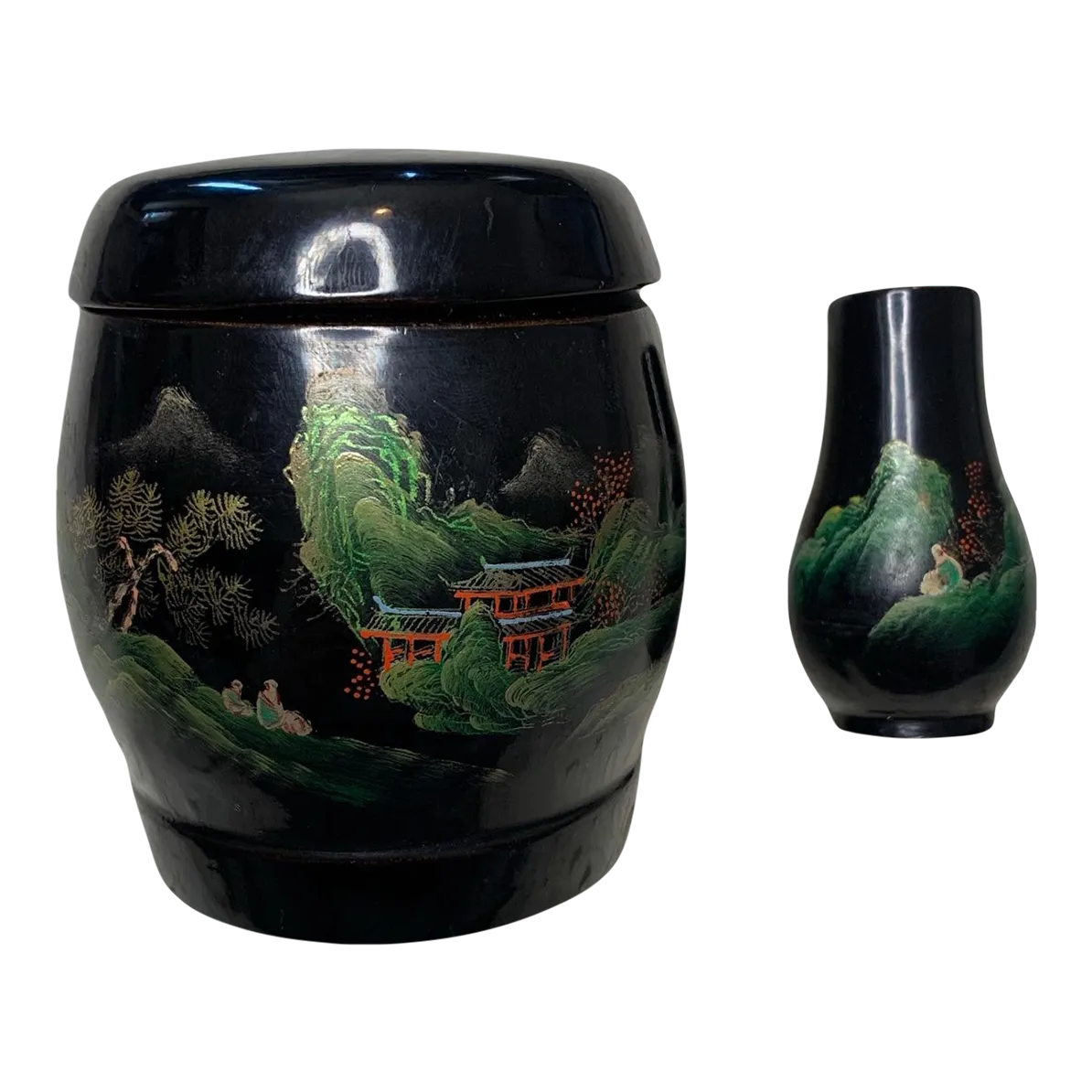 Vintage Black Lacquer Hand Painted Jar and Bud Vase by Cathay China ...