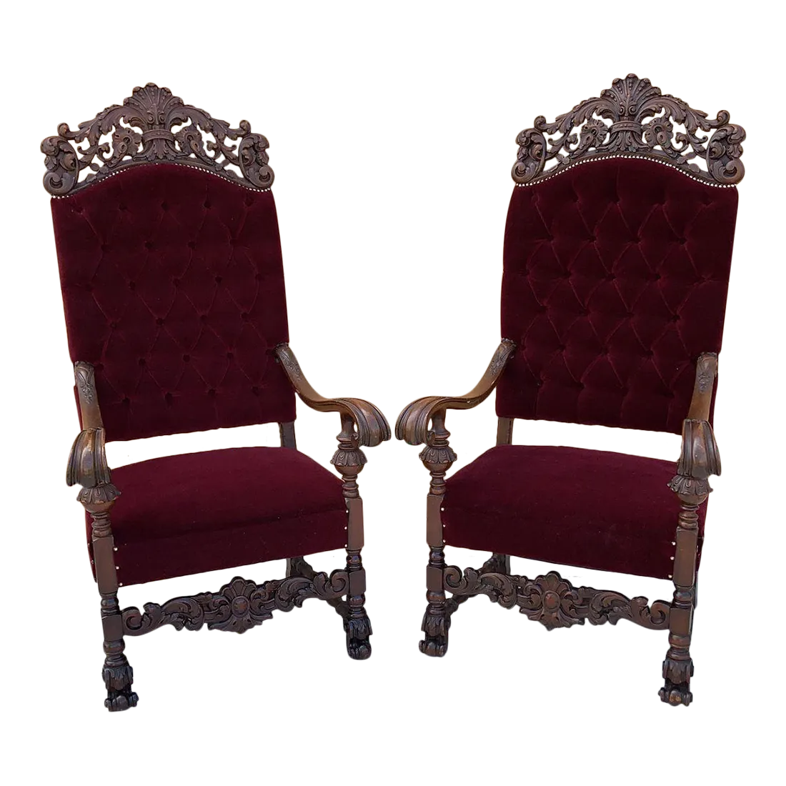 1920s Antique French Regency Style Ornate Caved Walnut Throne Chairs ...
