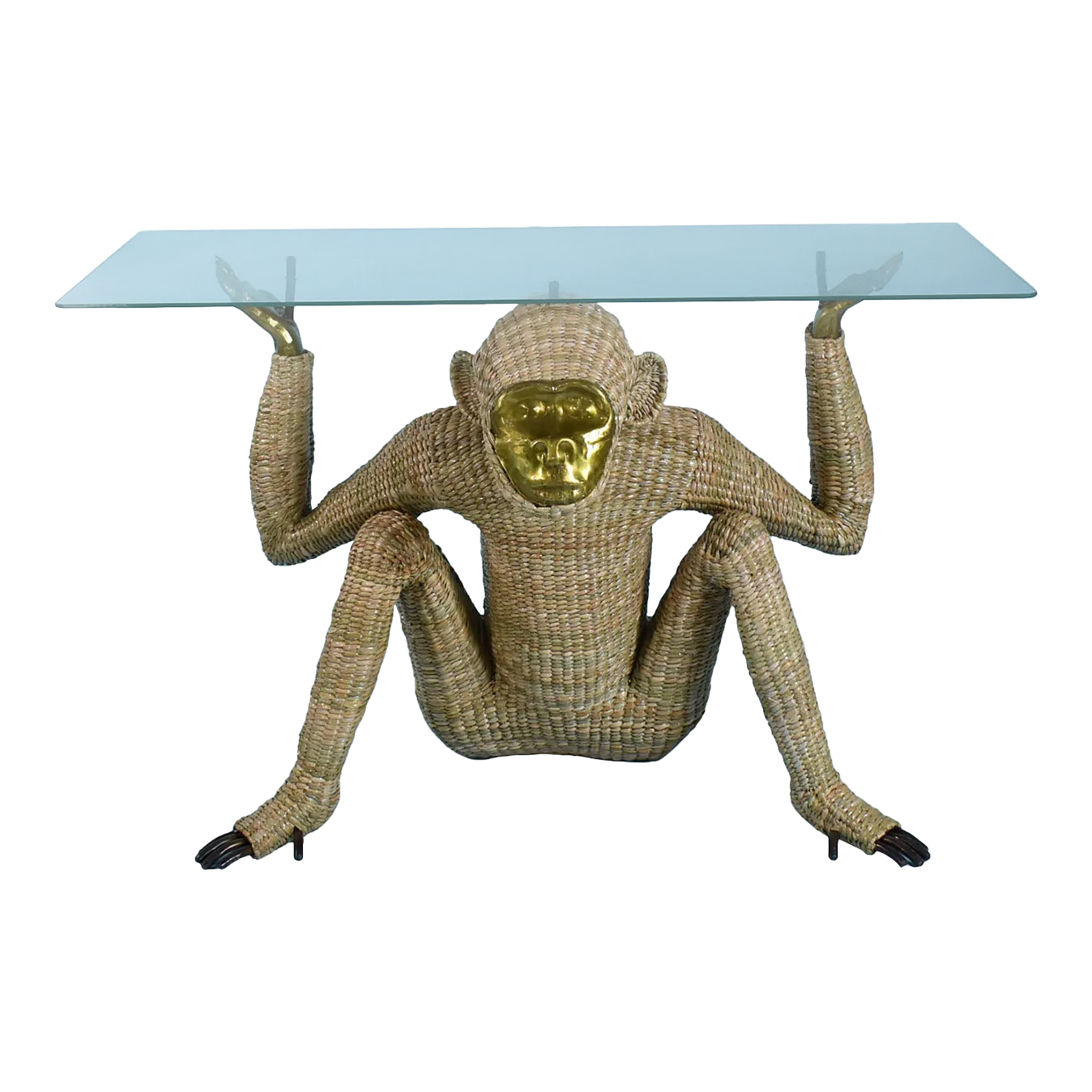 Monkey With Brass Mask Glass Top Console Table | Chairish