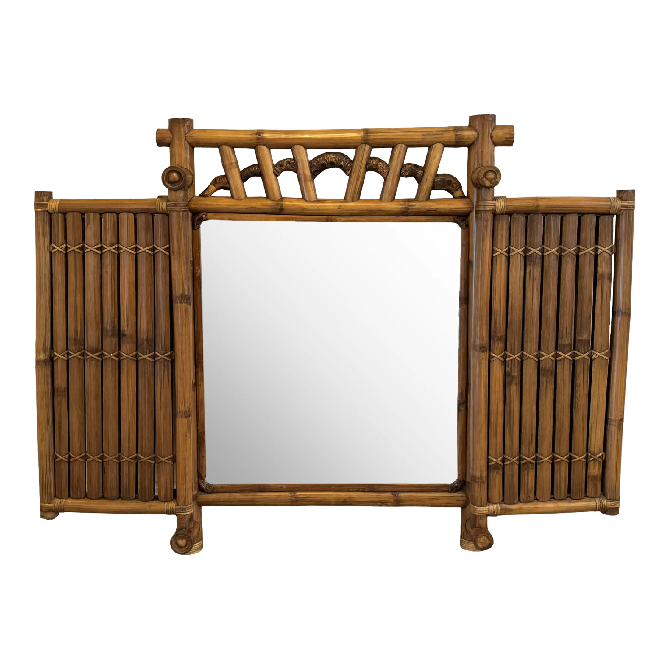 Vintage Boho Coastal Bamboo Mirror With Doors | Chairish