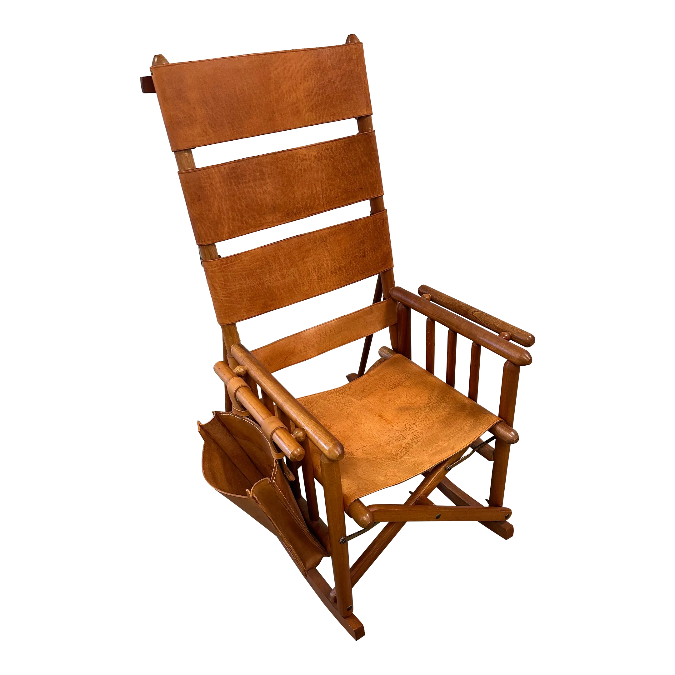 Mid 20th Century Campaign Style Teak Brown Leather Folding Rocker ...