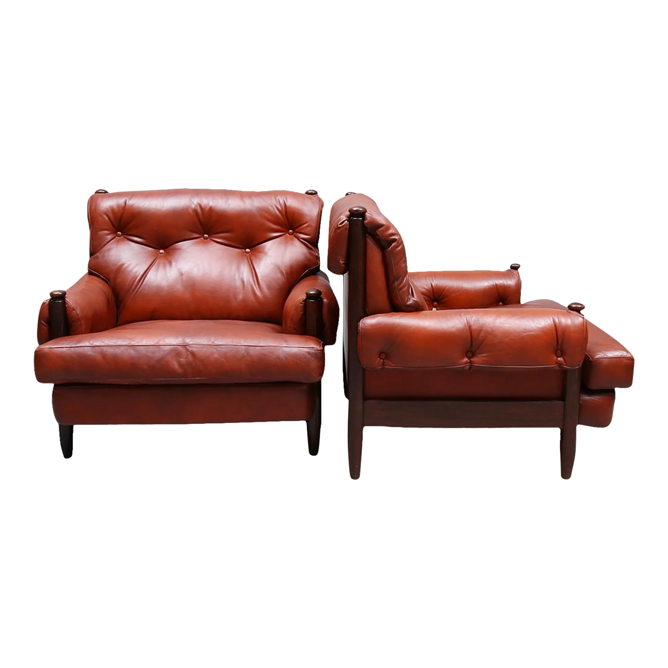 1960s Pair of Rosewood + Rust Leather Lounge Chairs | Chairish