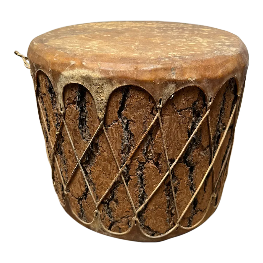 Circa 1950s American Bark Drum With Hide Tops | Chairish