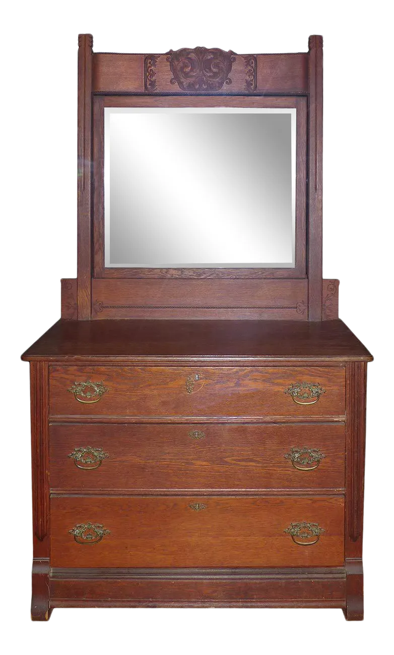 Late 19th Century Oak Bureau With Beveled Glass Mirror | Chairish