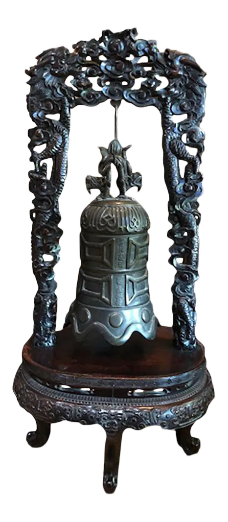 19th Century Large Archaistic Bronze Bell and Hongmu Stand | Chairish