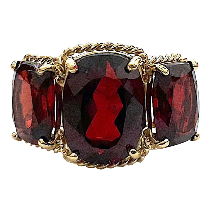 Elegant Three Stone Garnet Ring with Gold Rope Twist Border | Chairish