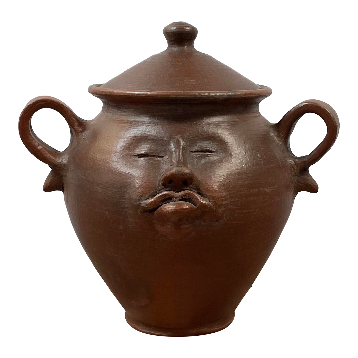 Hand Made Brown Clay Pottery Lidded Jar With Face | Chairish