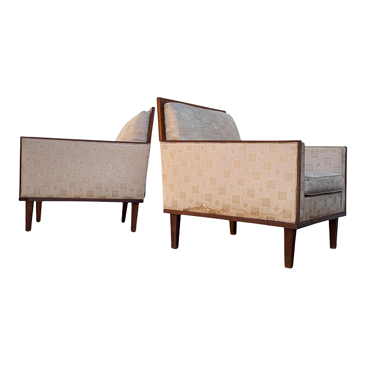 1960s Walnut Encased Square Upholstered Club Lounge Arm Chair-A Pair ...