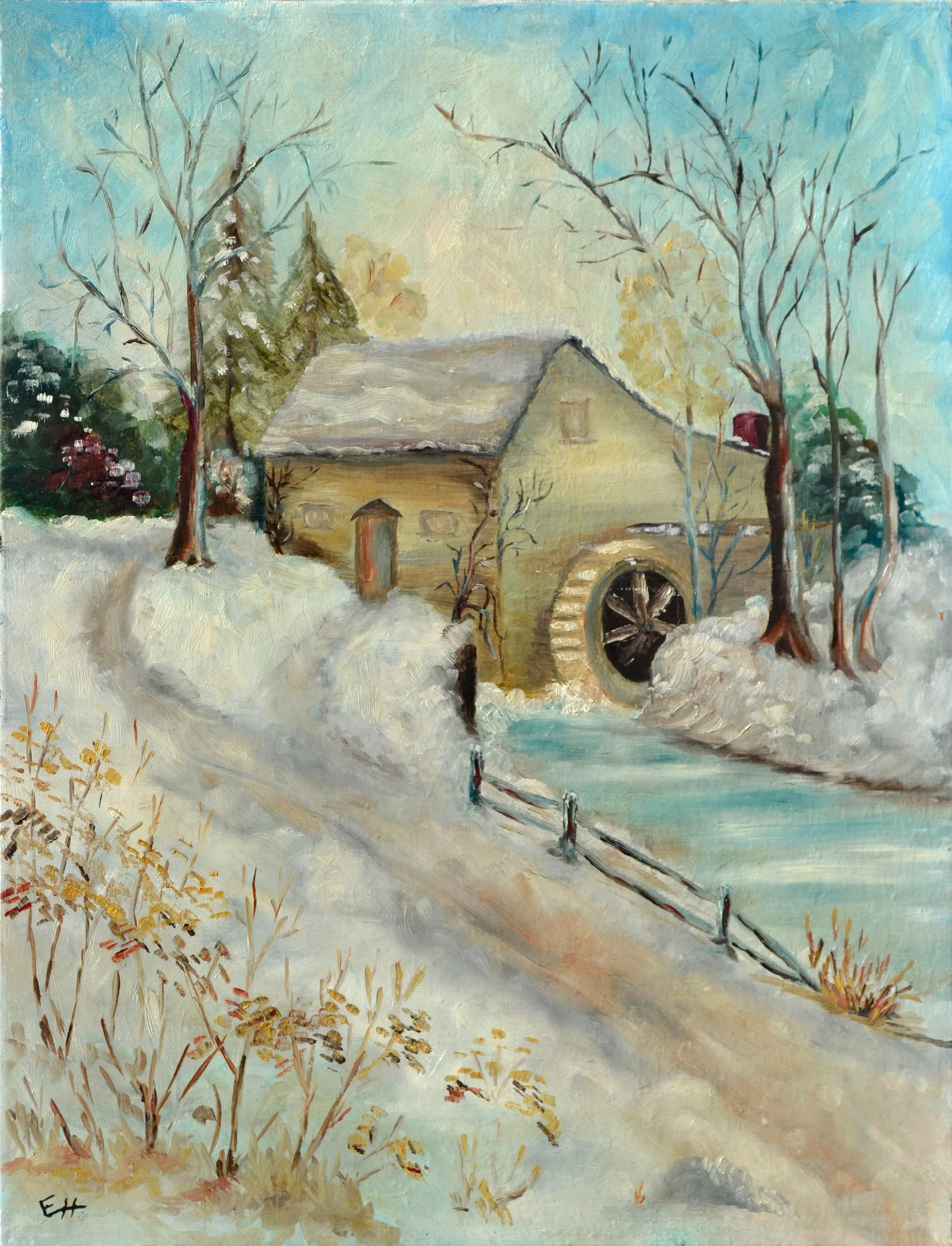 Early 20th Century "Snow Scene With Old Mill" Winter Landscape Painting ...