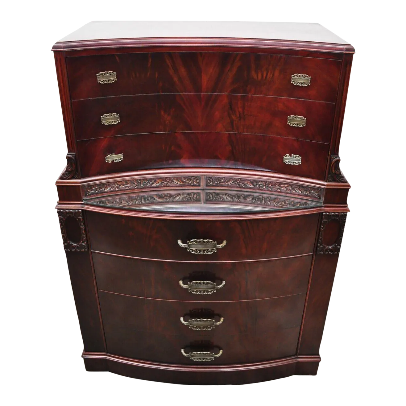 Vtg Chinese Chippendale Flame Mahogany Bowed Front Tall Chest on Chest ...