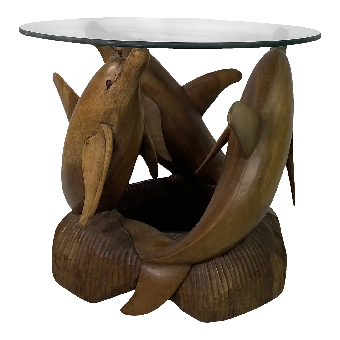Mid Century Hand Carved Wood Dolphin Table With Glass Top