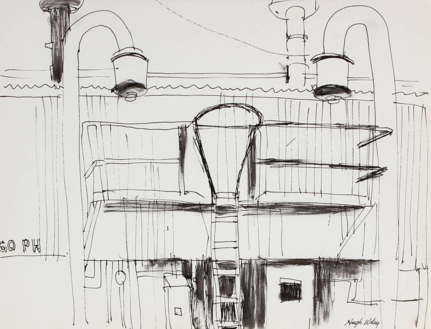 Hugh Wiley Bay Area Industrial Scene Drawing in Ink, 1974 | Chairish