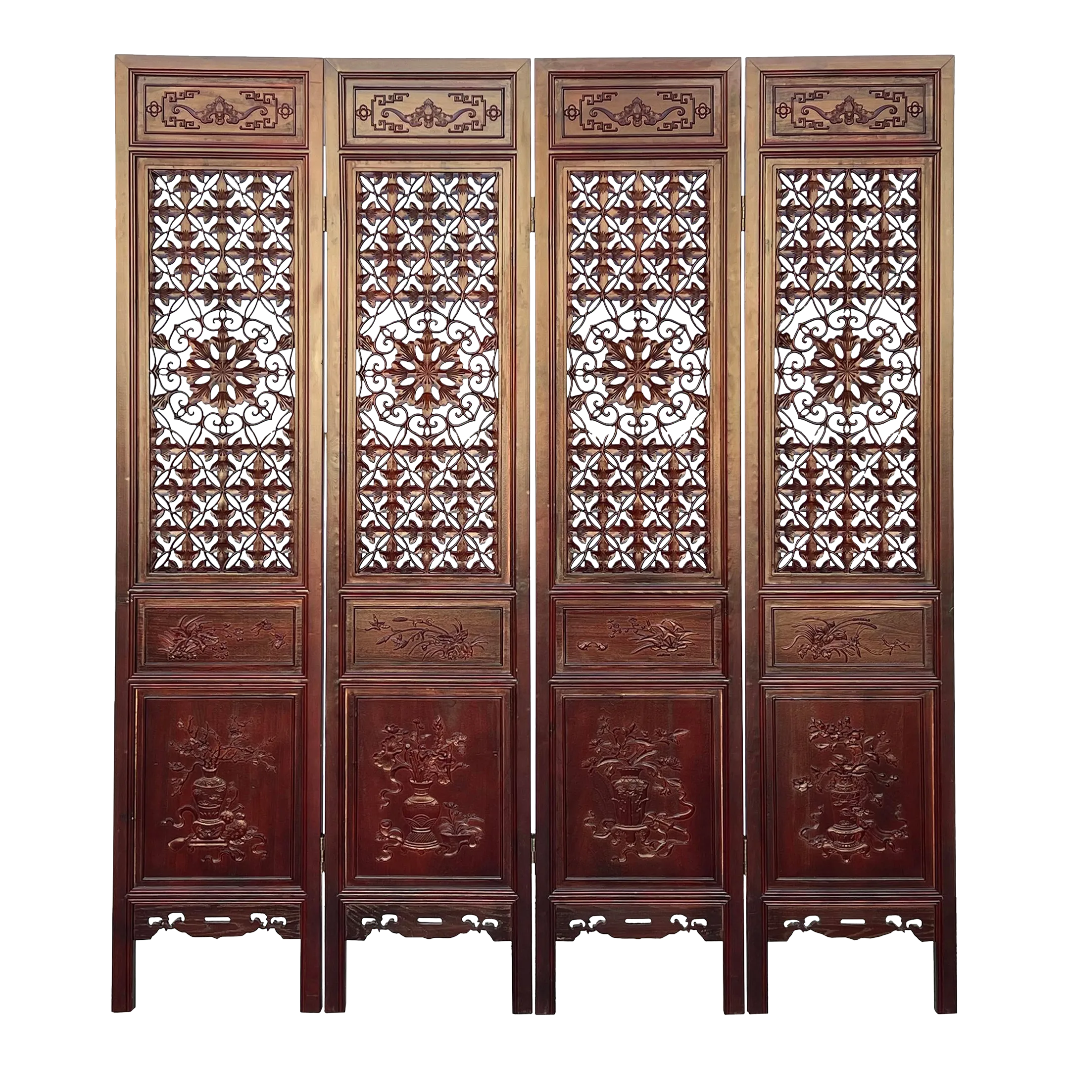 Chinese Brown Stain Geometric Flower Pattern Wood Panel Floor Screen ...