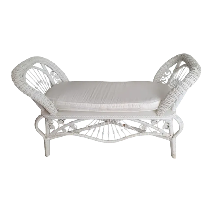 Vintage White Wicker Detailed End of the Bed Rounded Side Cushion Bench ...