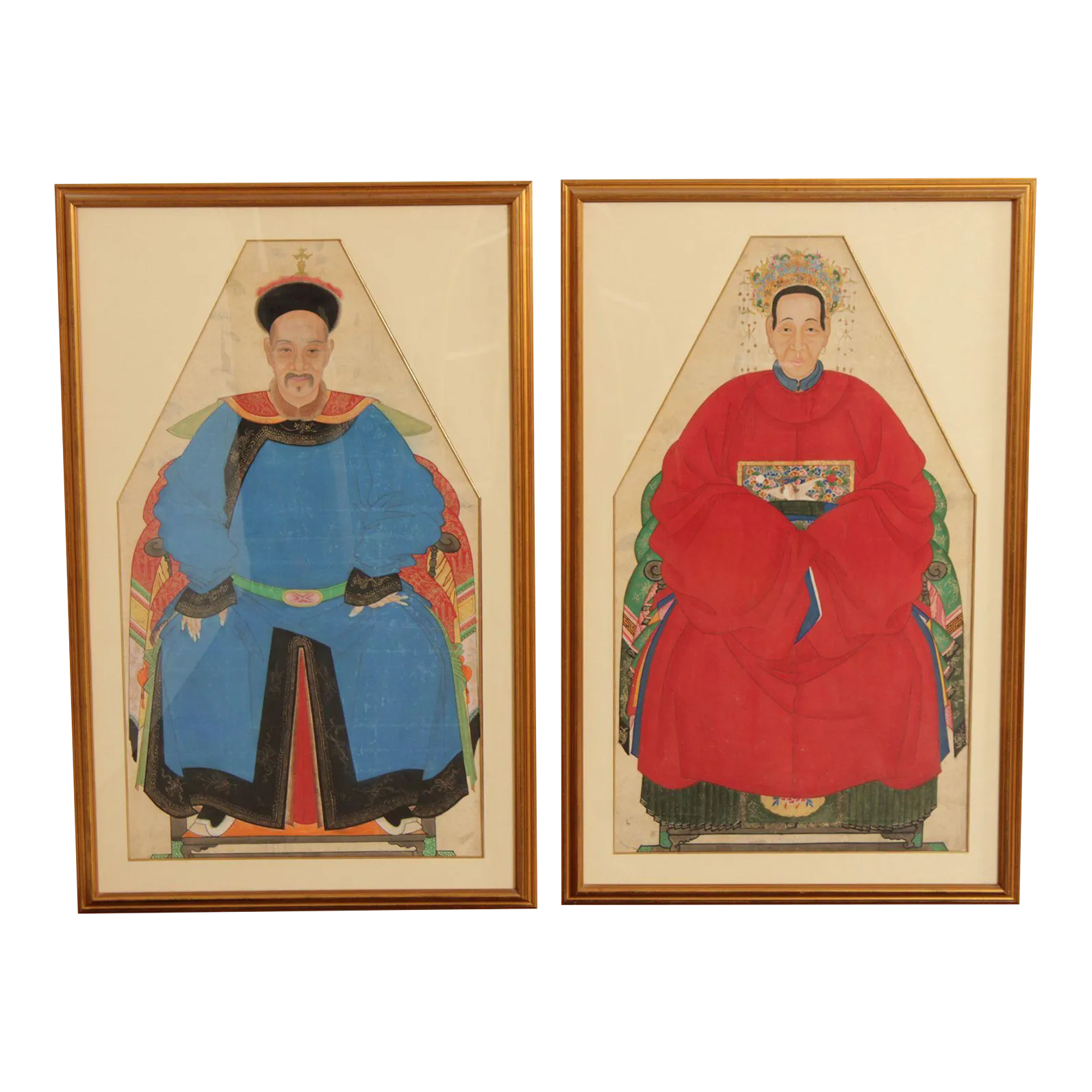 Antique Chinese Ancestral Watercolor Portraits - A Pair | Chairish