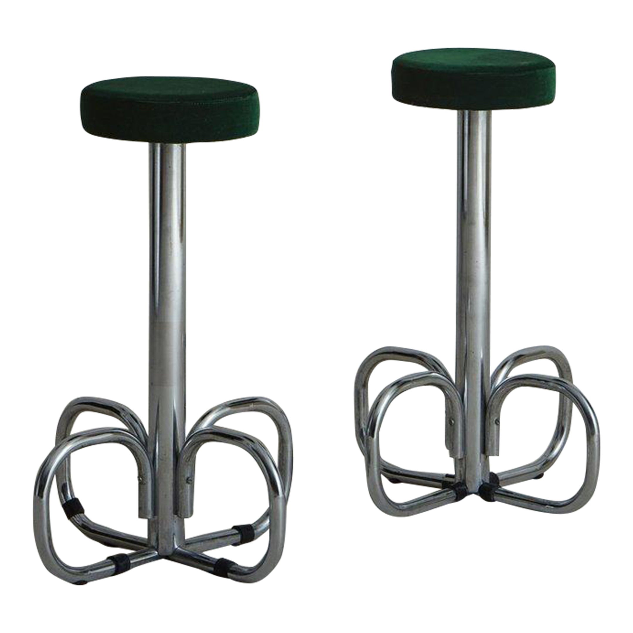 Pair of Curved Chrome Base Stools in Green Velvet, Italy 1970s | Chairish