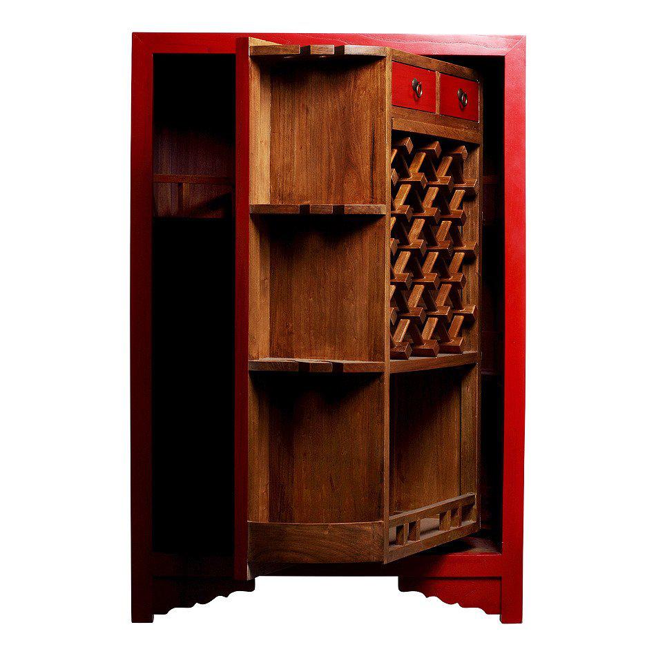 Vintage Style Chinese Red Lacquered Liquor Cabinet With Revolving Hidden Panel