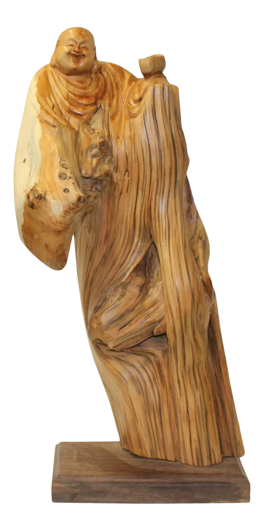 Chinese Cypress Wood Carved Irregular Shape Happy Buddha Statue | Chairish