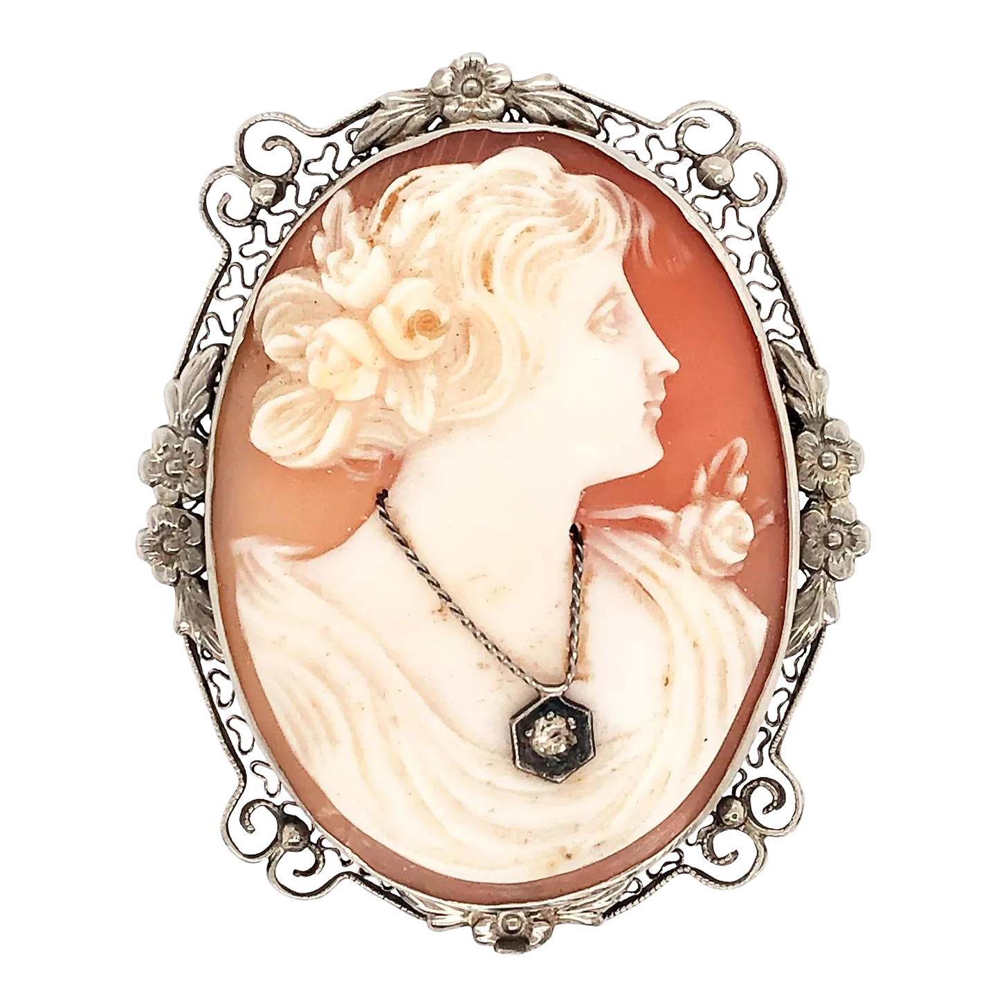 Art Nouveau White Gold Shell Cameo Pin Pendant | Chairish