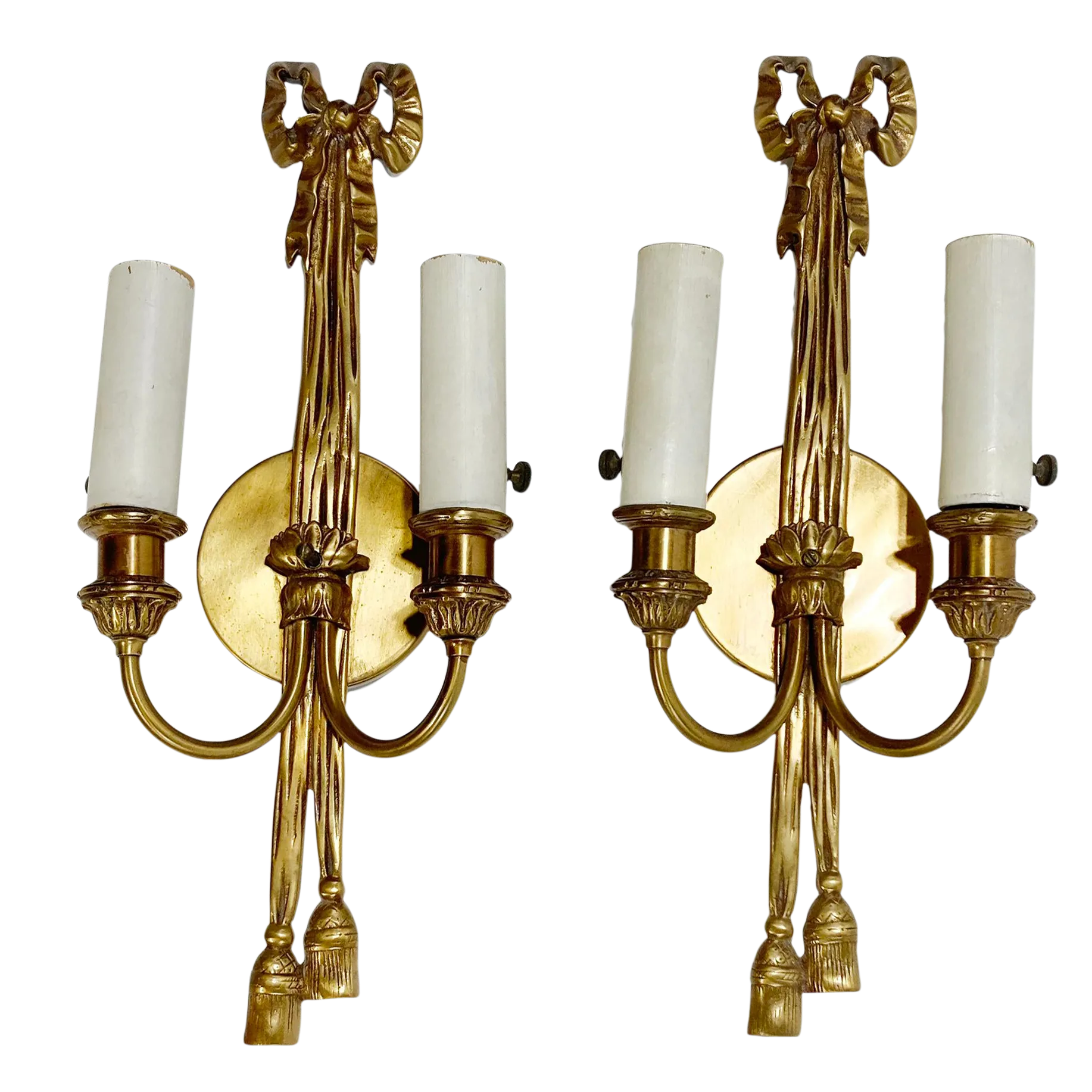 Vintage Cast Brass Ribbon and Tassel Motif Wall Sconces, a Pair | Chairish