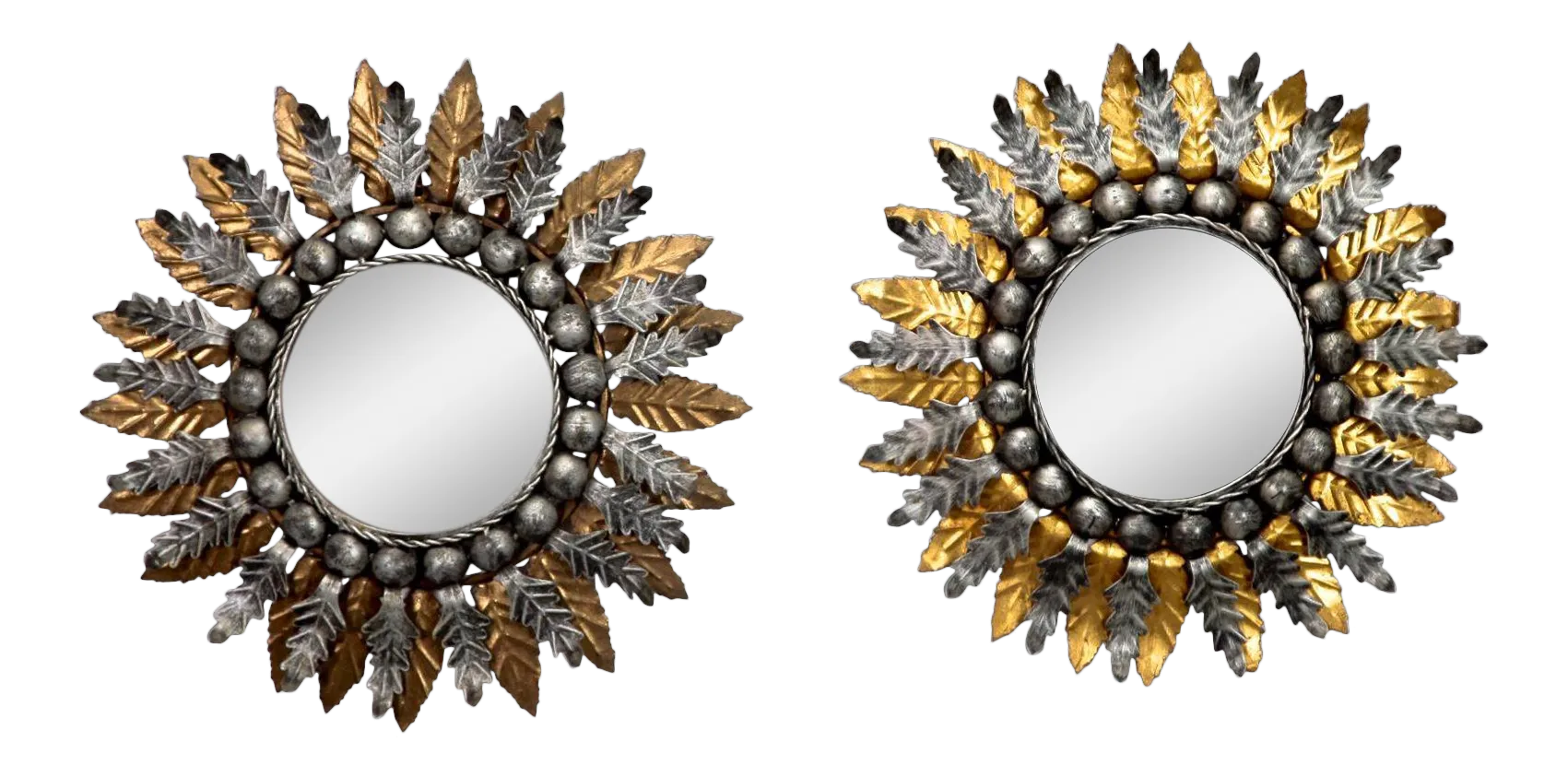 Spanish Gilt and Silver Metal Sunburst Mirrors - a Pair | Chairish