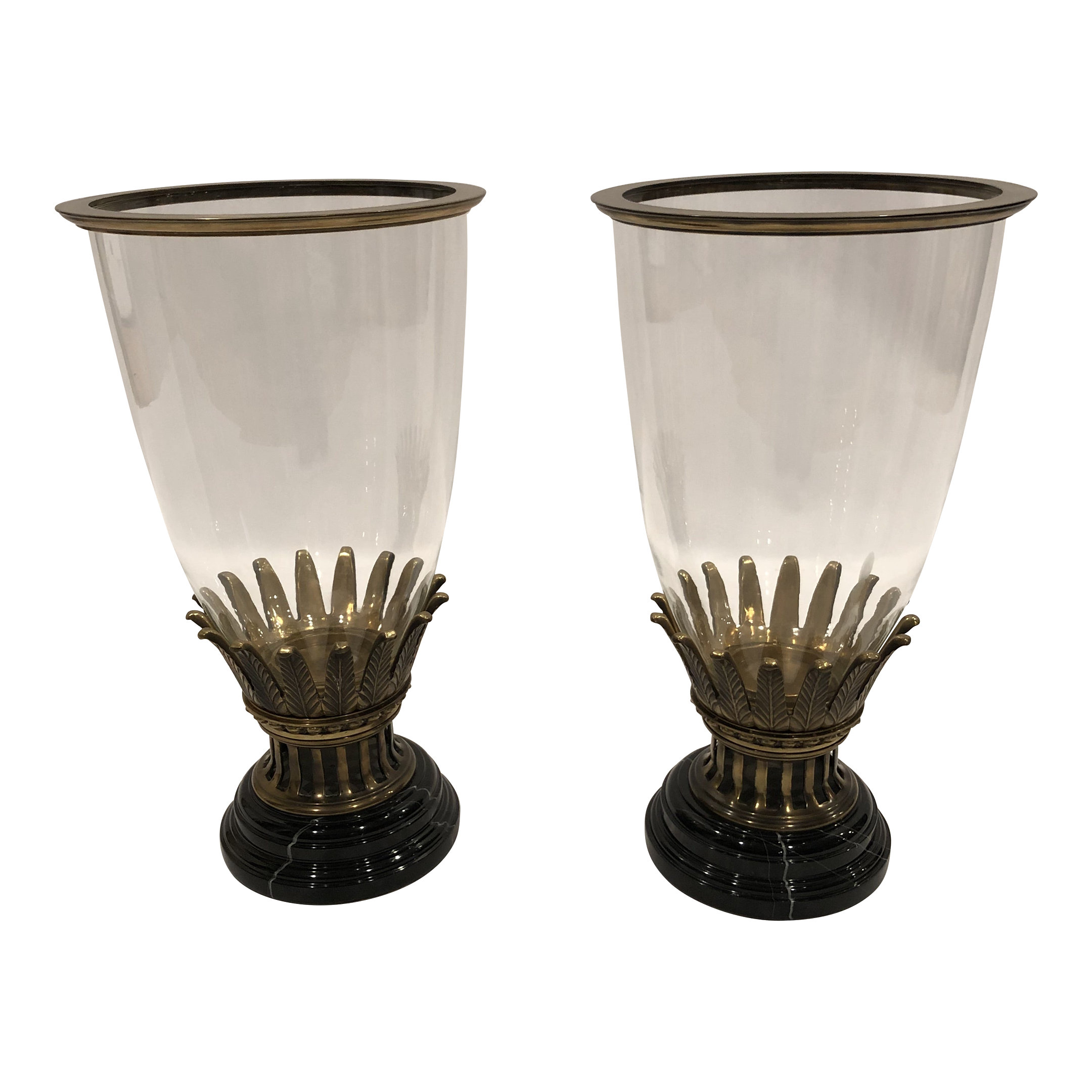 Large Glass Hurricanes on Marble & Bronze Bases - a Pair | Chairish
