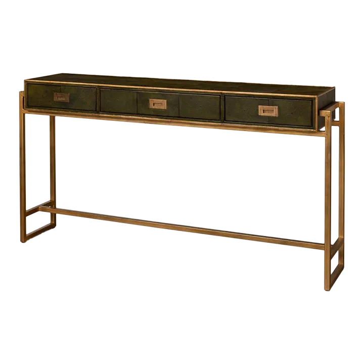 Modern Campaign Green Leather Wrapped Console Table | Chairish