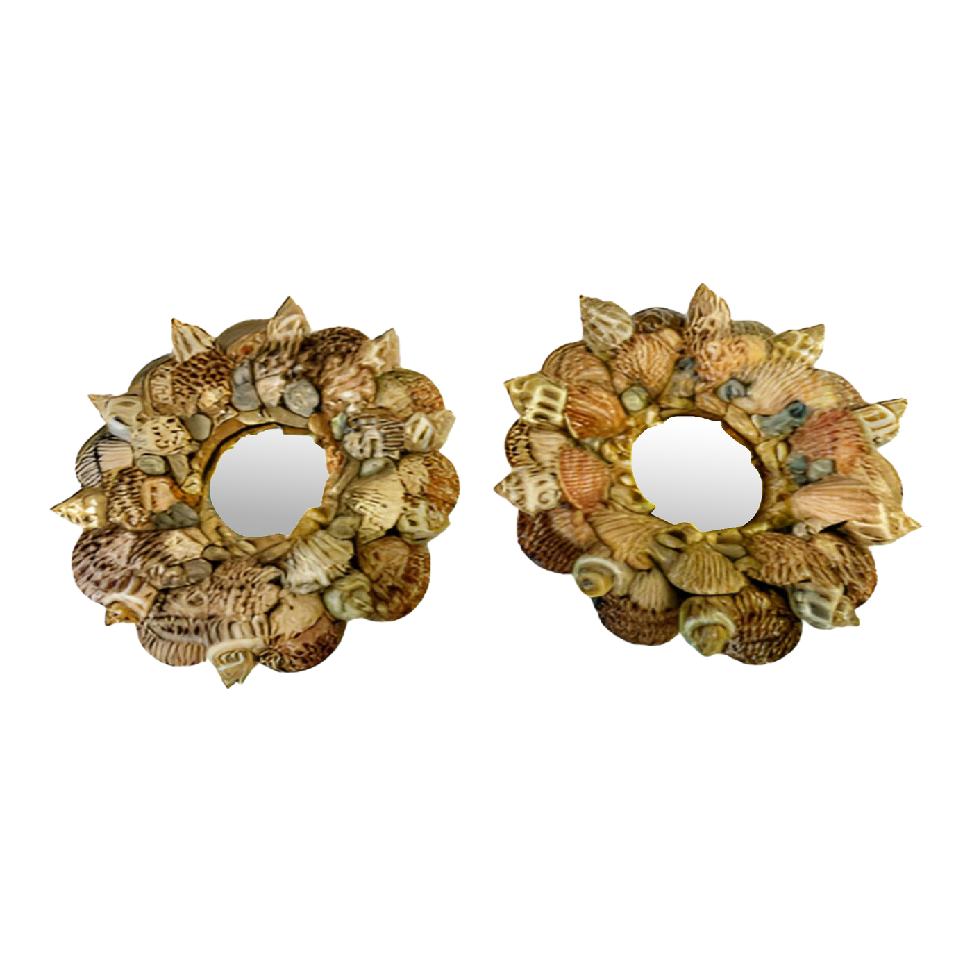 Seashell Encrusted Round Mirrors - a Pair | Chairish