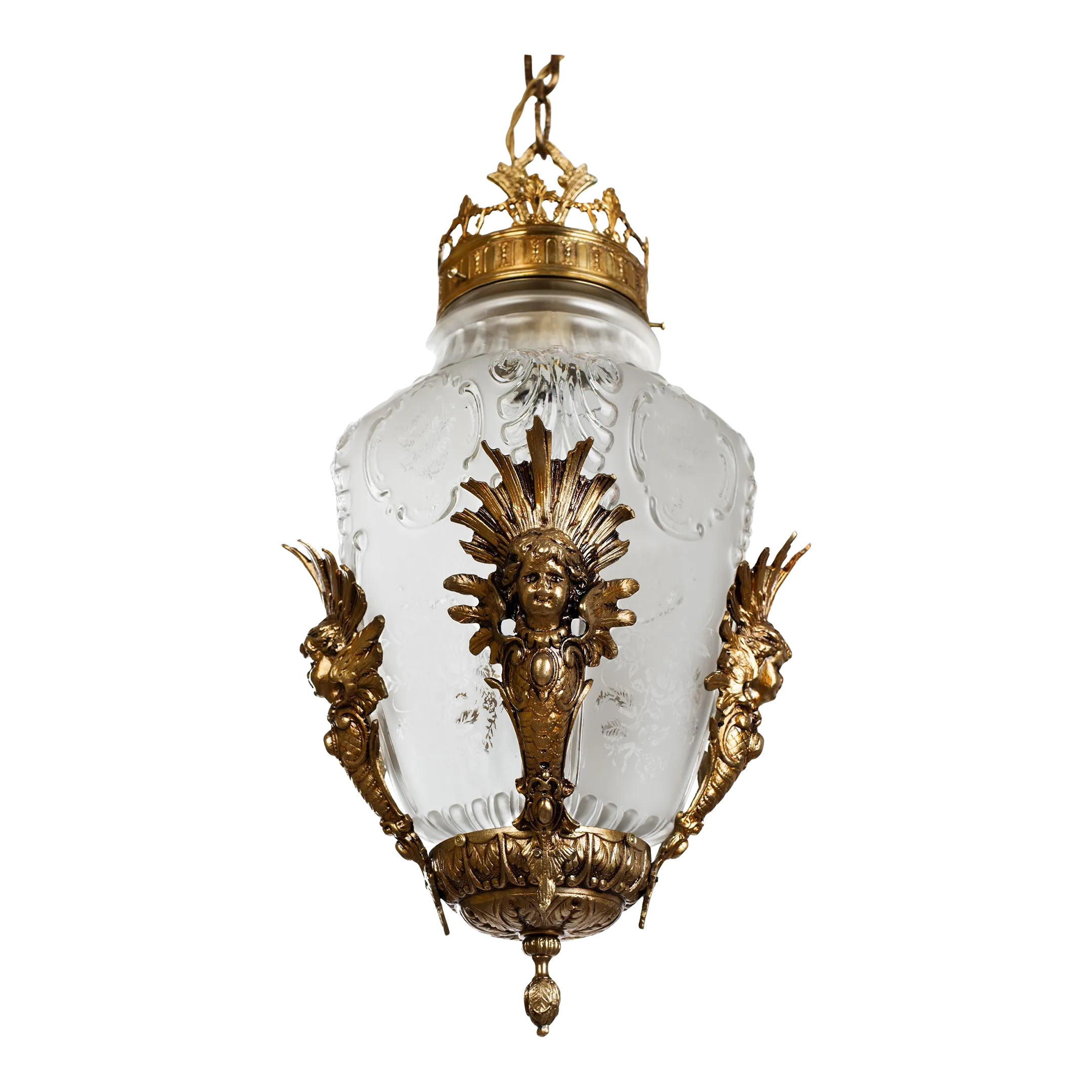 1950s Brass Cherub Pendant Light & Frosted Glass Shade | Chairish