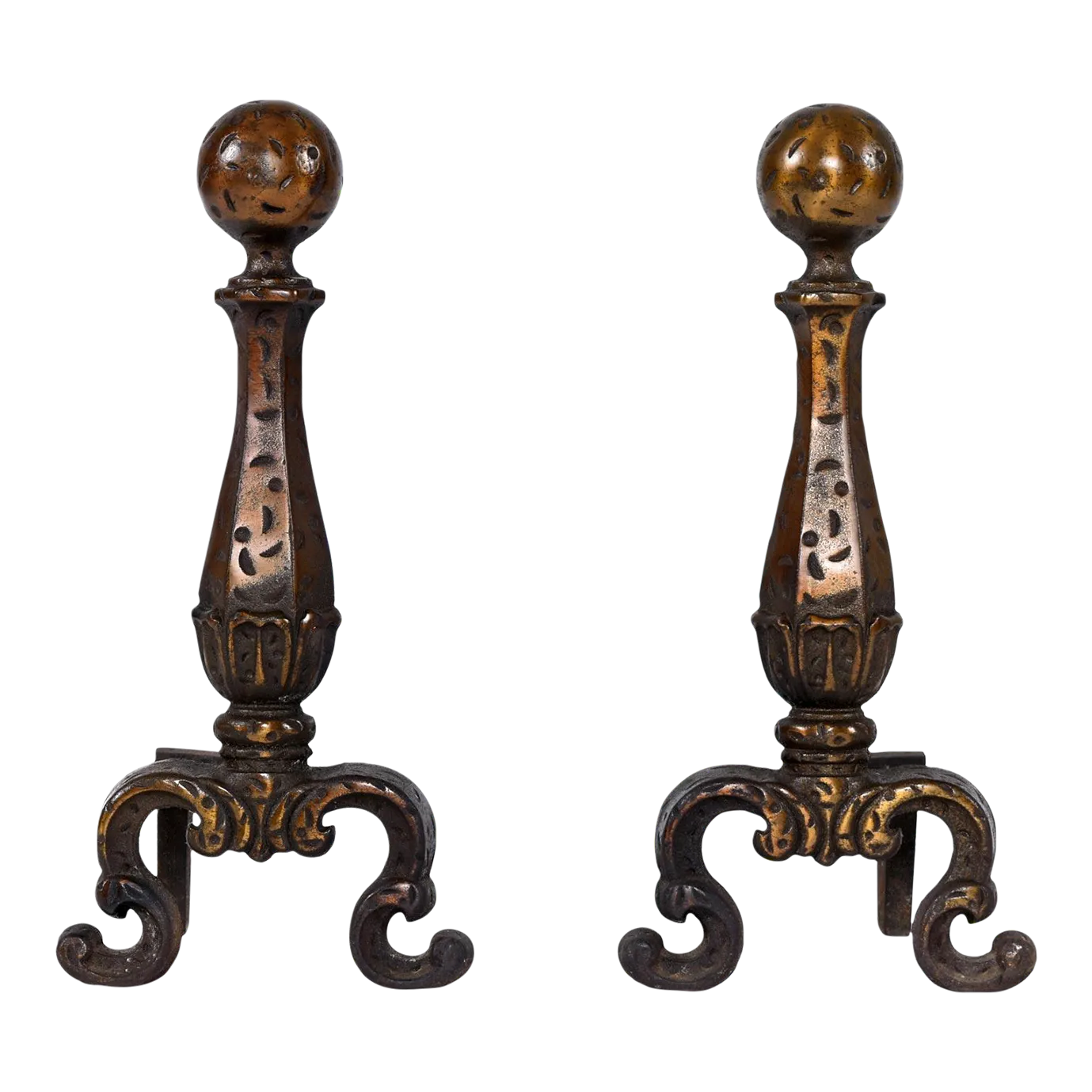Pair of Fire Dogs Andirons With Hammered Texture and Cannonball Crown ...