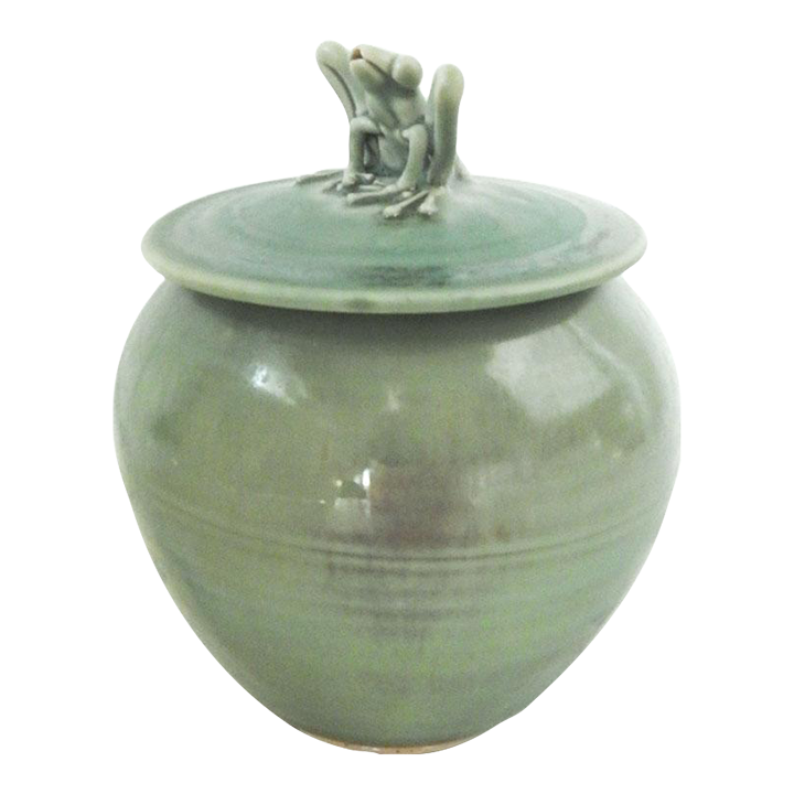 Contemporary Lebeth Lammers Green Frog Pottery Covered Jar | Chairish