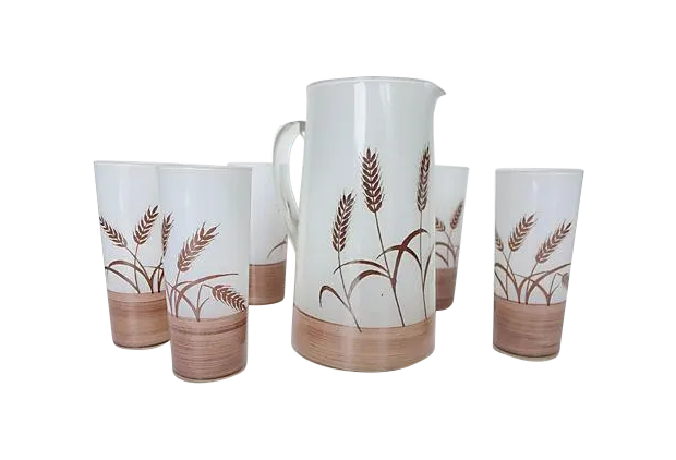 Harvest Wheat Glass Pitcher Set - Set of 6 | Chairish