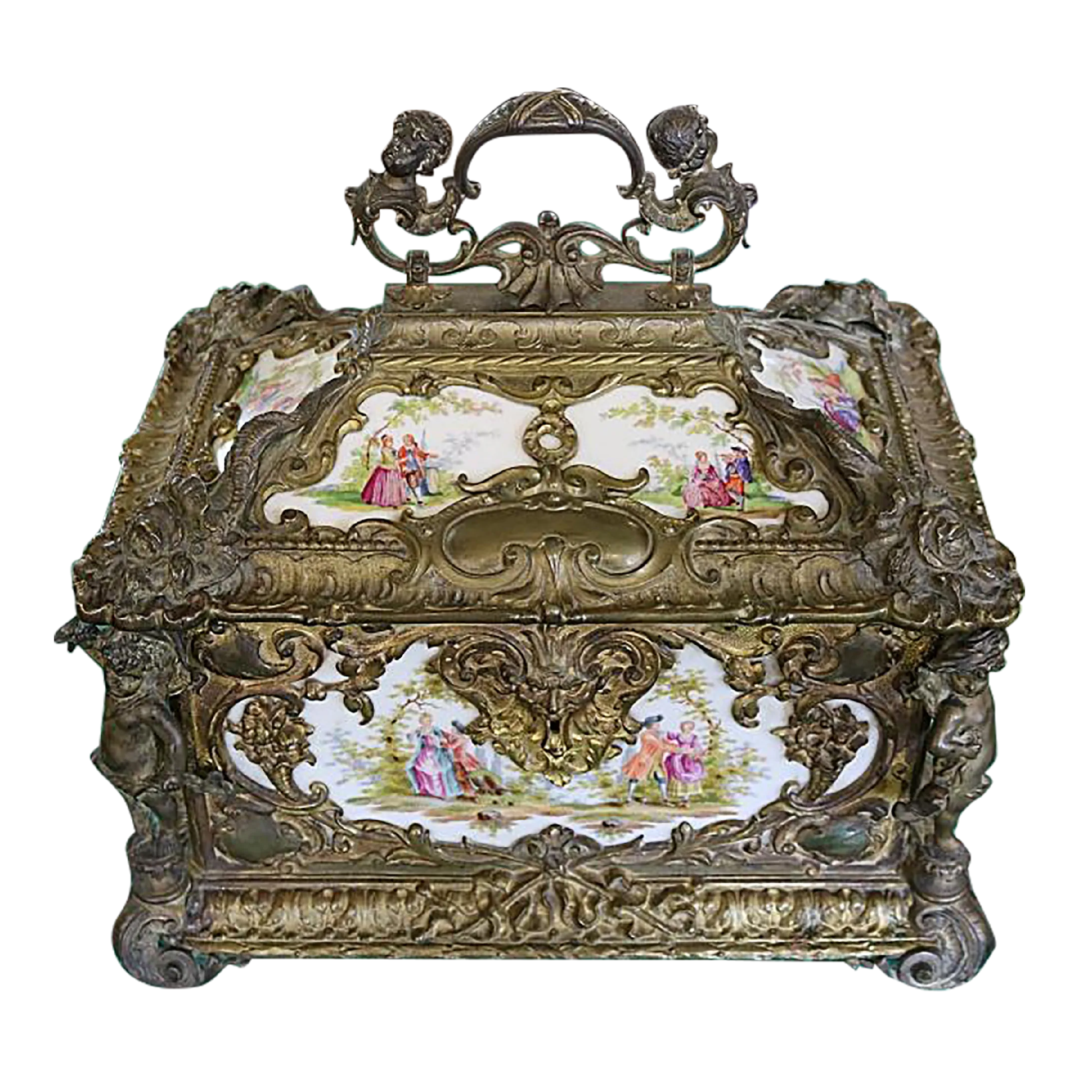Large 19th Century Bronze & Porcelain Jewelry Casket Box | Chairish