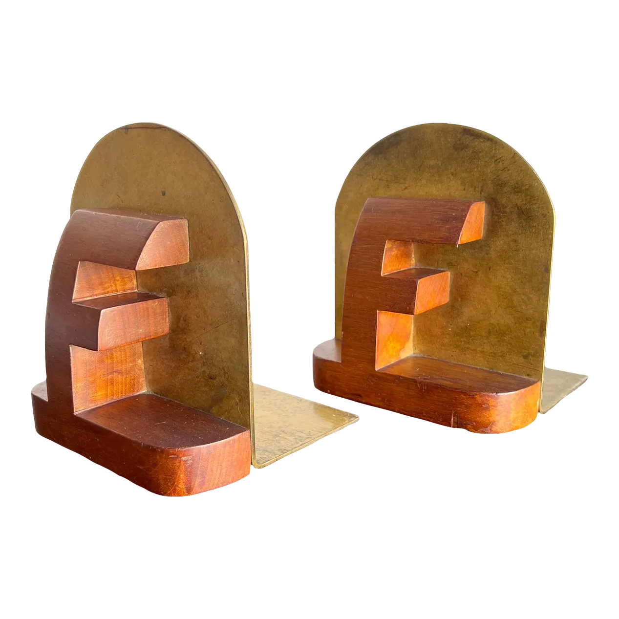 Midcentury Sculptural Bookends Brass and Wood | Chairish
