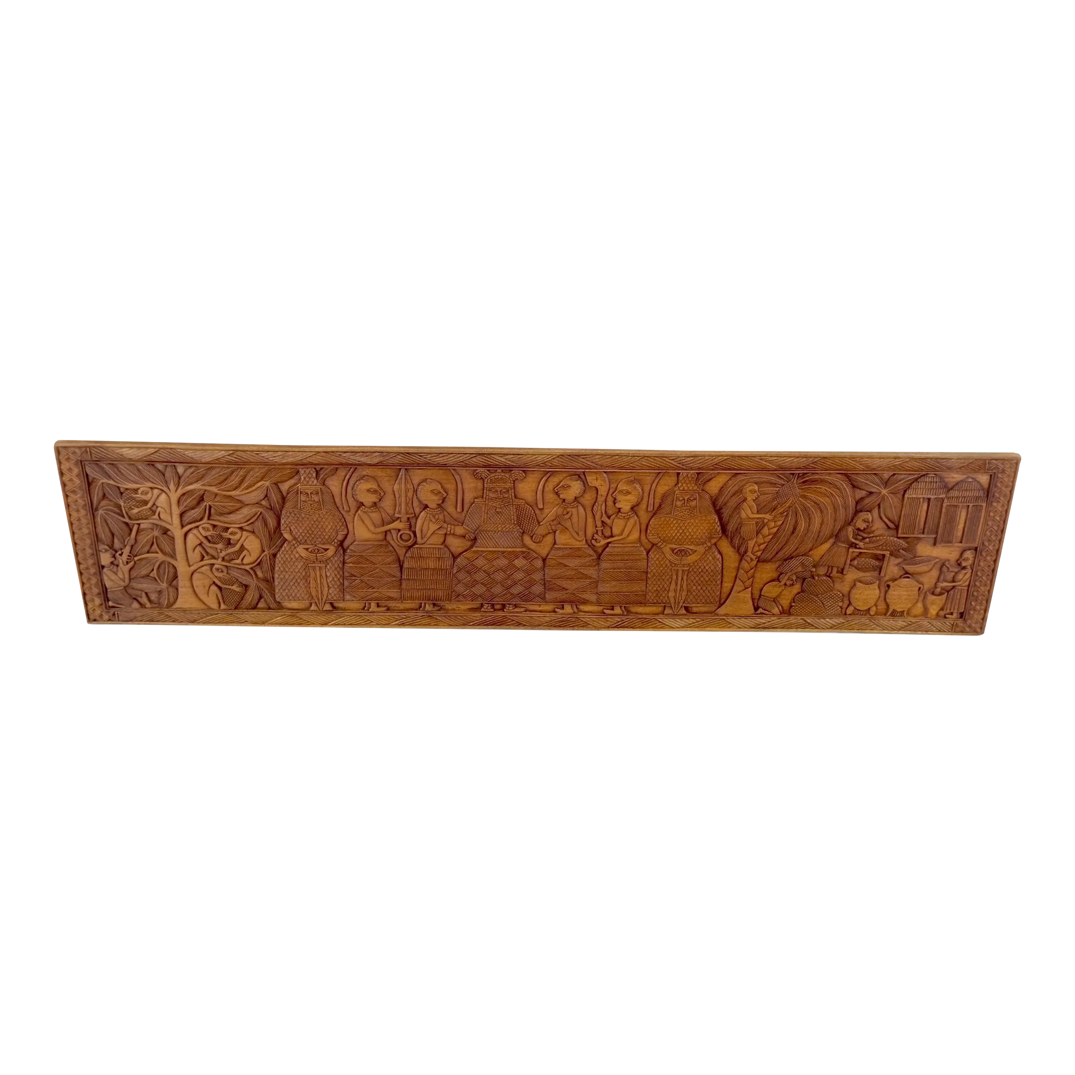 1970s Carved Solid Teak Long Rectangle Wall Plaque Relief Sculpture ...