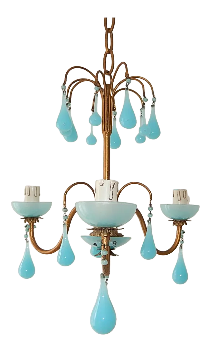 1930 French Blue Opaline Bobeches, Beads and Drops Chandelier | Chairish
