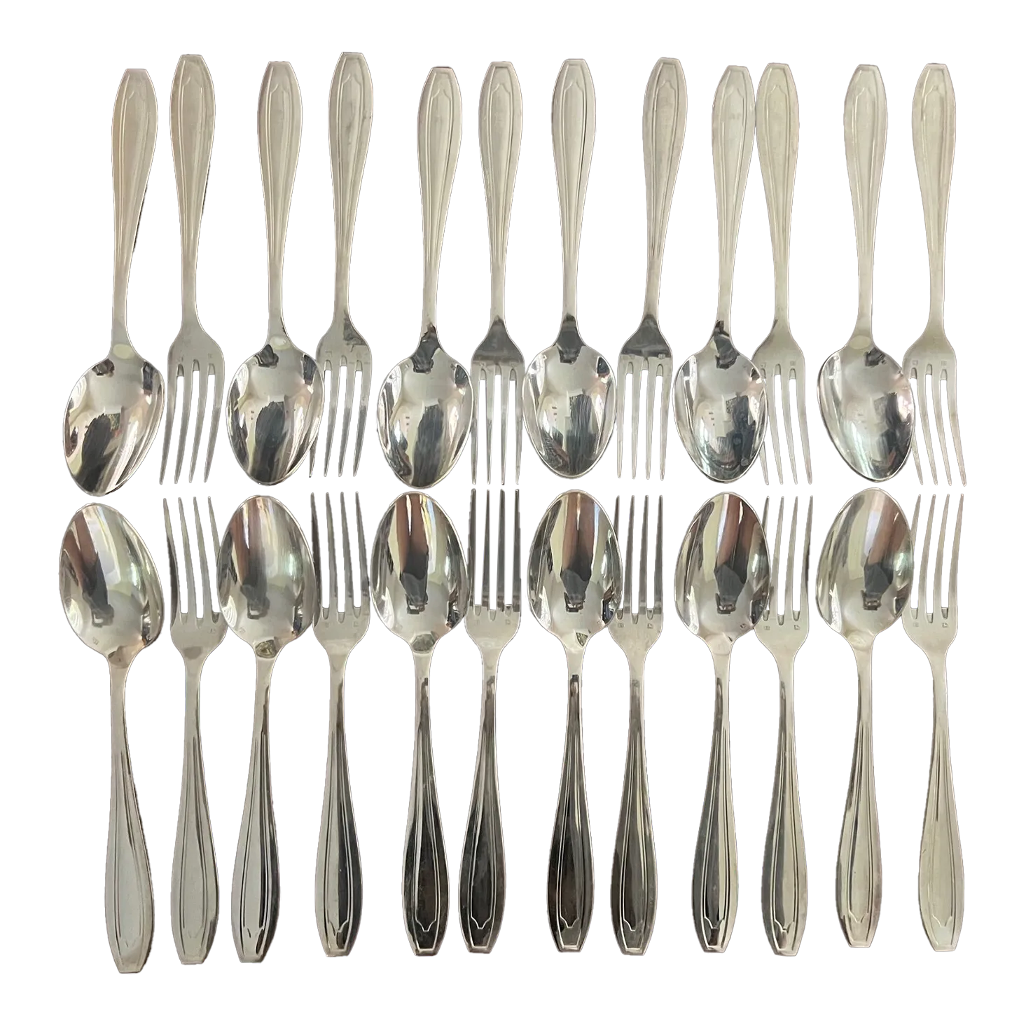 French Silverplated Art Deco Spoon and Fork Set of 24 | Chairish