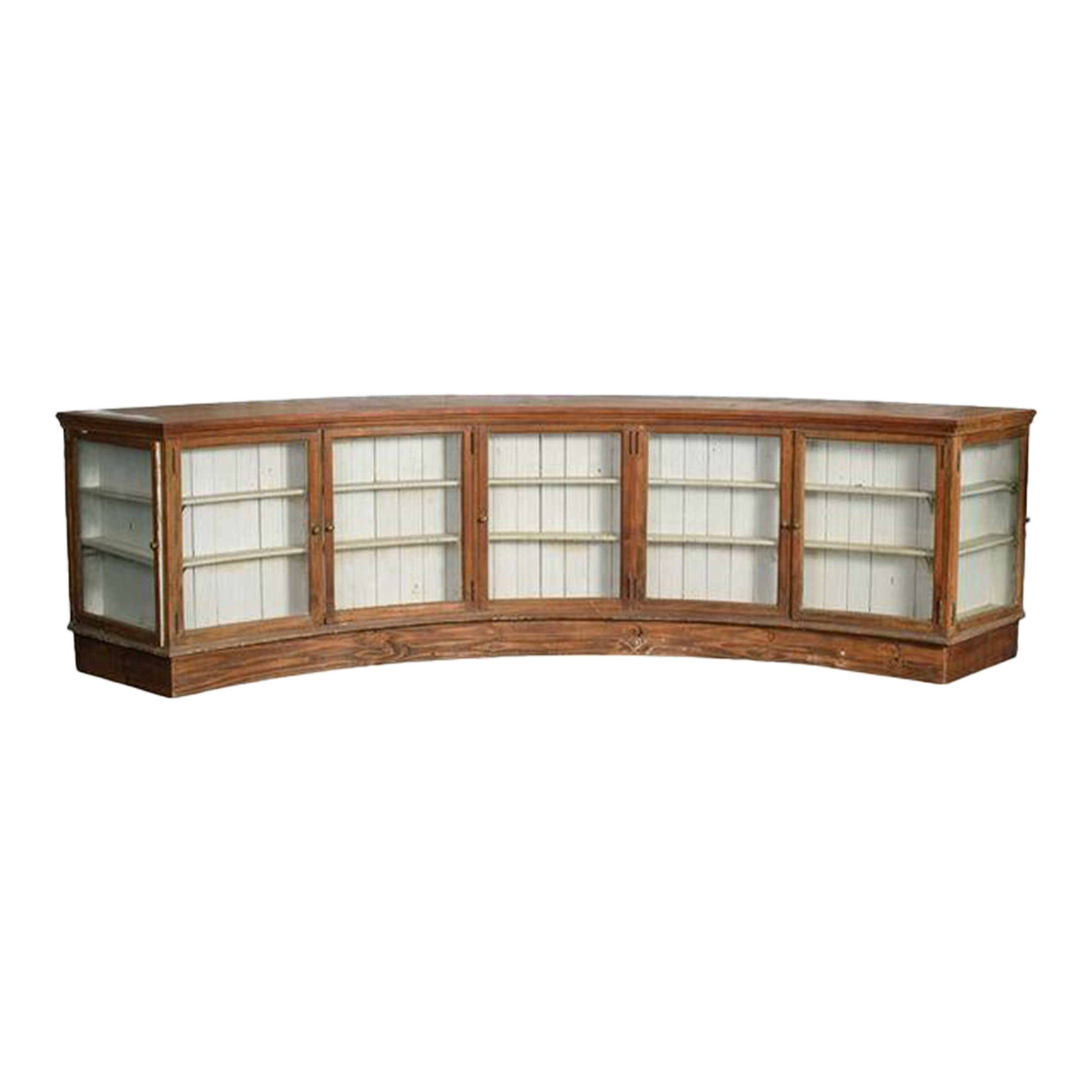 Vintage Curved Counter With Wood Top and Glass Cabinets | Chairish
