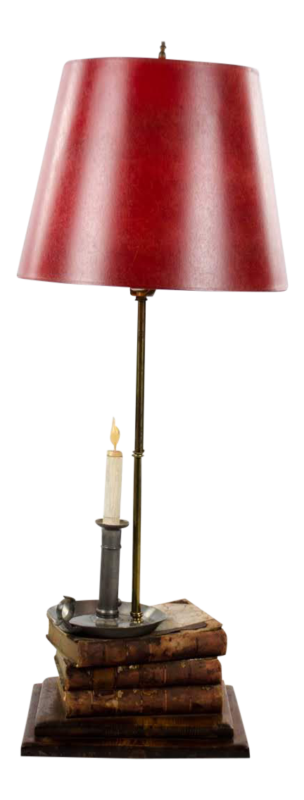 Leather-Bound Book Stack and Pewter Candle Holder Table Lamp | Chairish