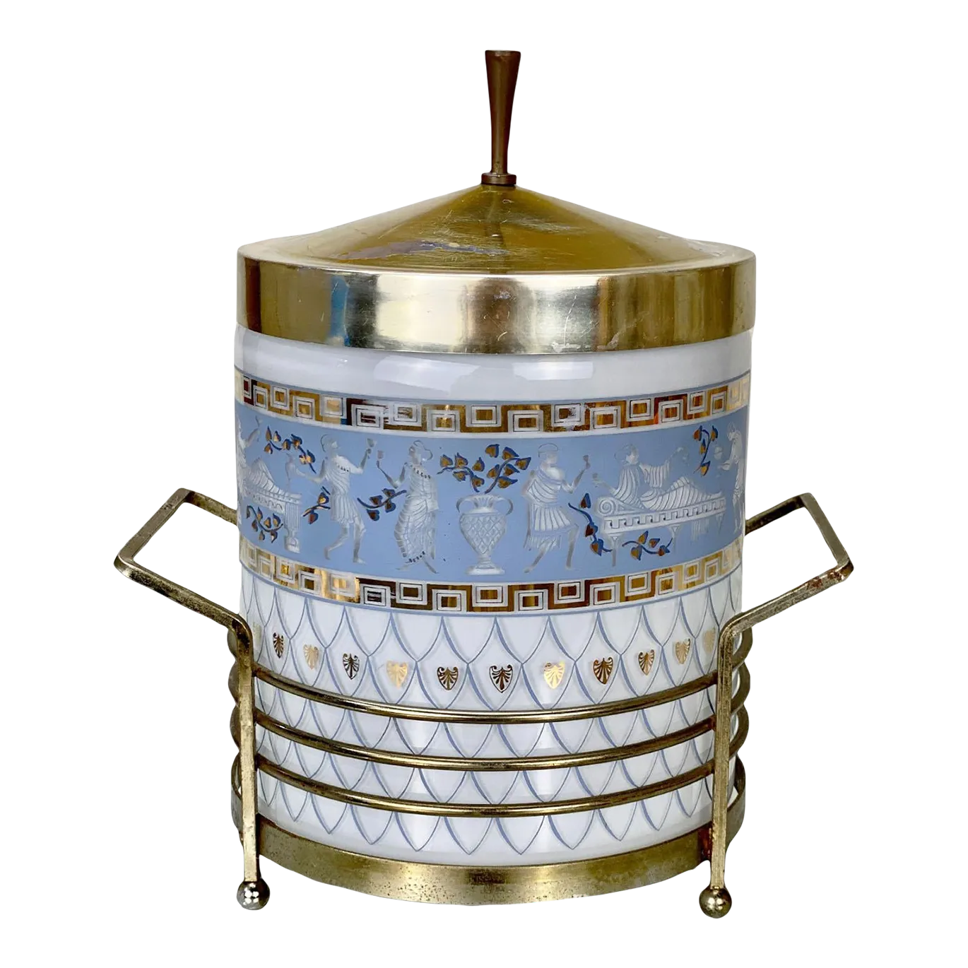Mid-Century Greek Motif Glass Biscuit Jar Ice Bucket With Gold Serving ...