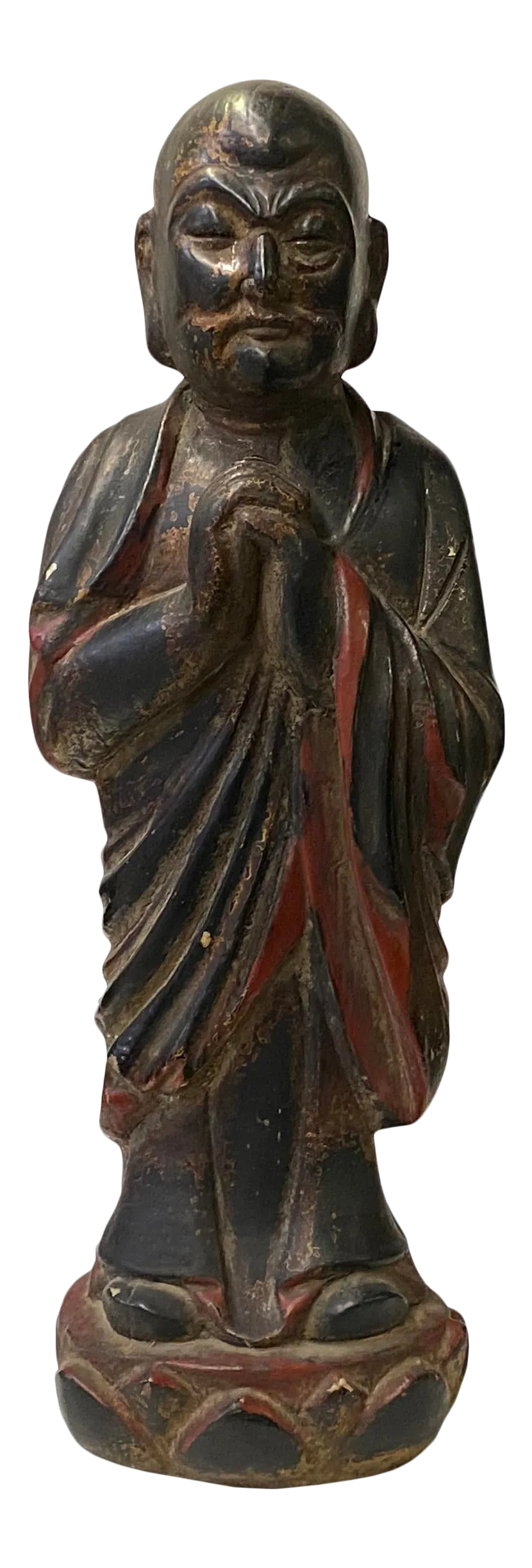 Chinese Distressed Black Brown Lacquer Wood Standing Monk Lohon Figure ...