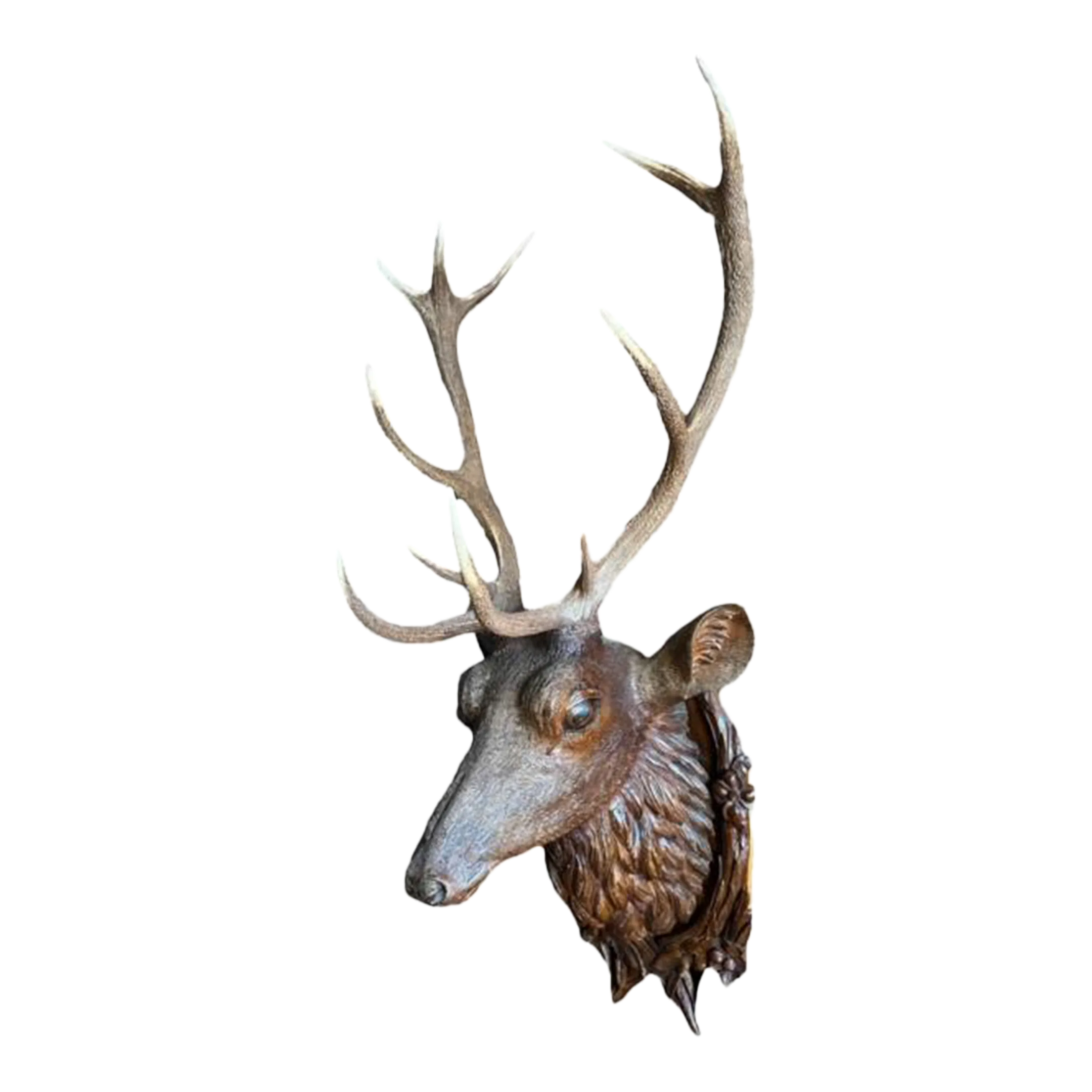 Antique Black Forest Stag Deer Head Wood Carved Sculpture | Chairish