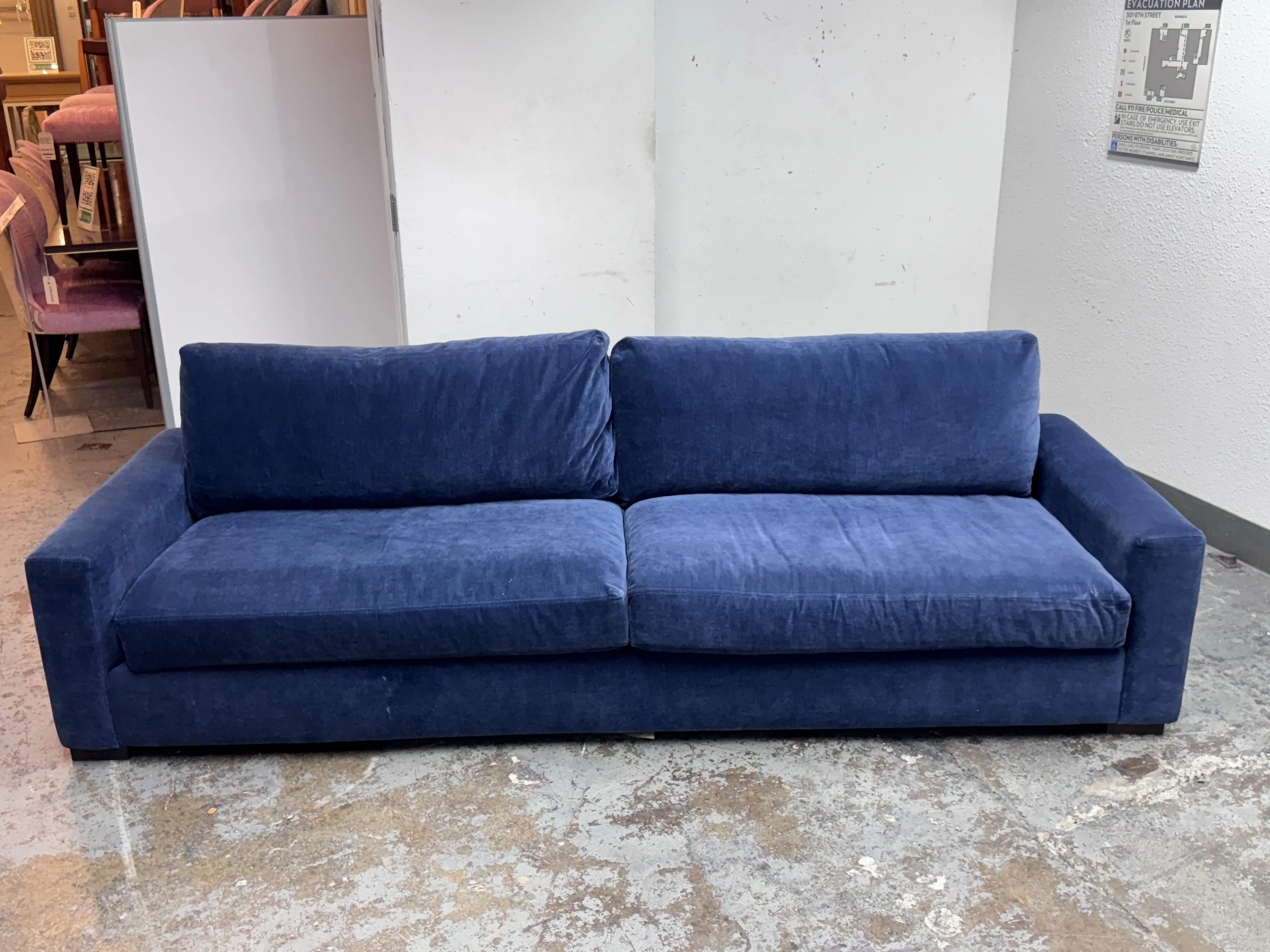 Restoration Hardware Vintage Indigo Velvet Classic Maxwell Three Seat Sofa