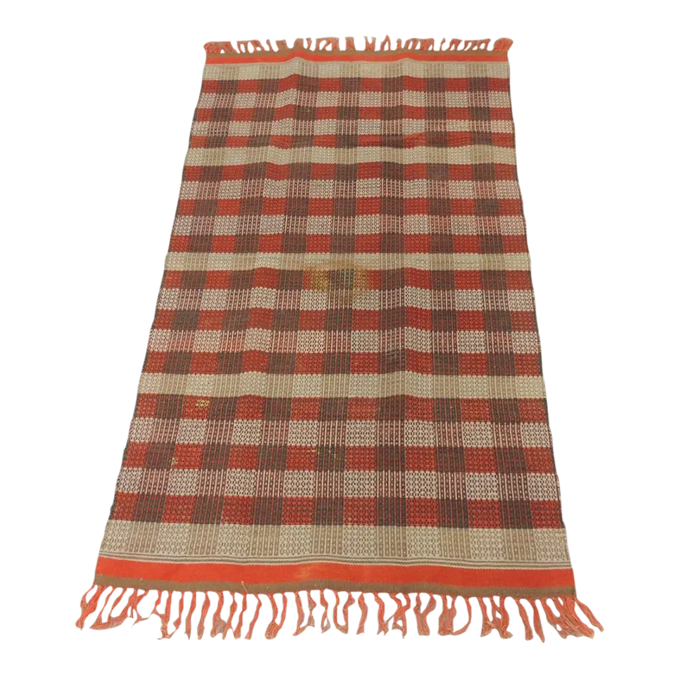 Vintage Red & Orange Woven Check Pattern Indian Textile | Chairish