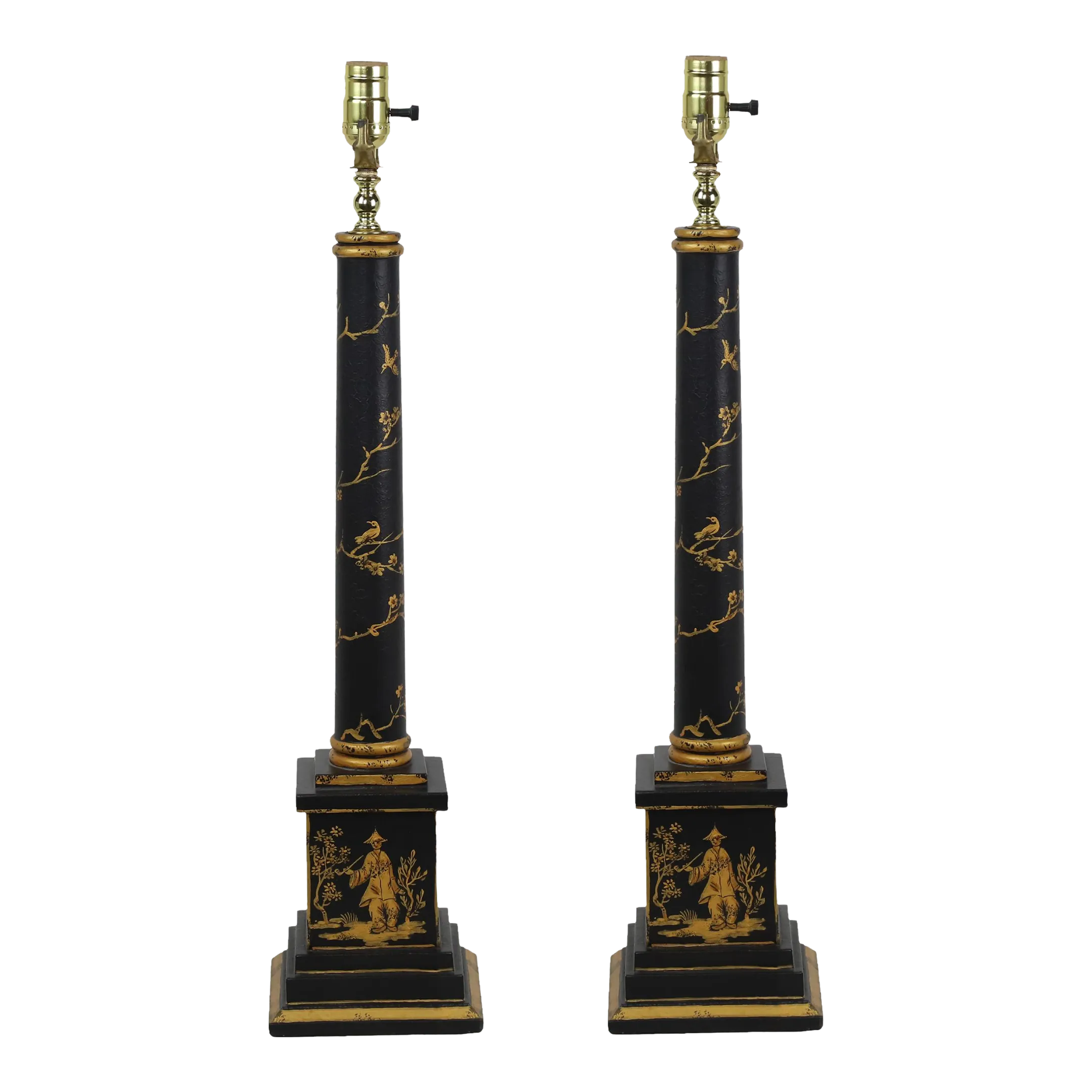 Pair of Chinoiserie Black Column Table Lamps | Chairish