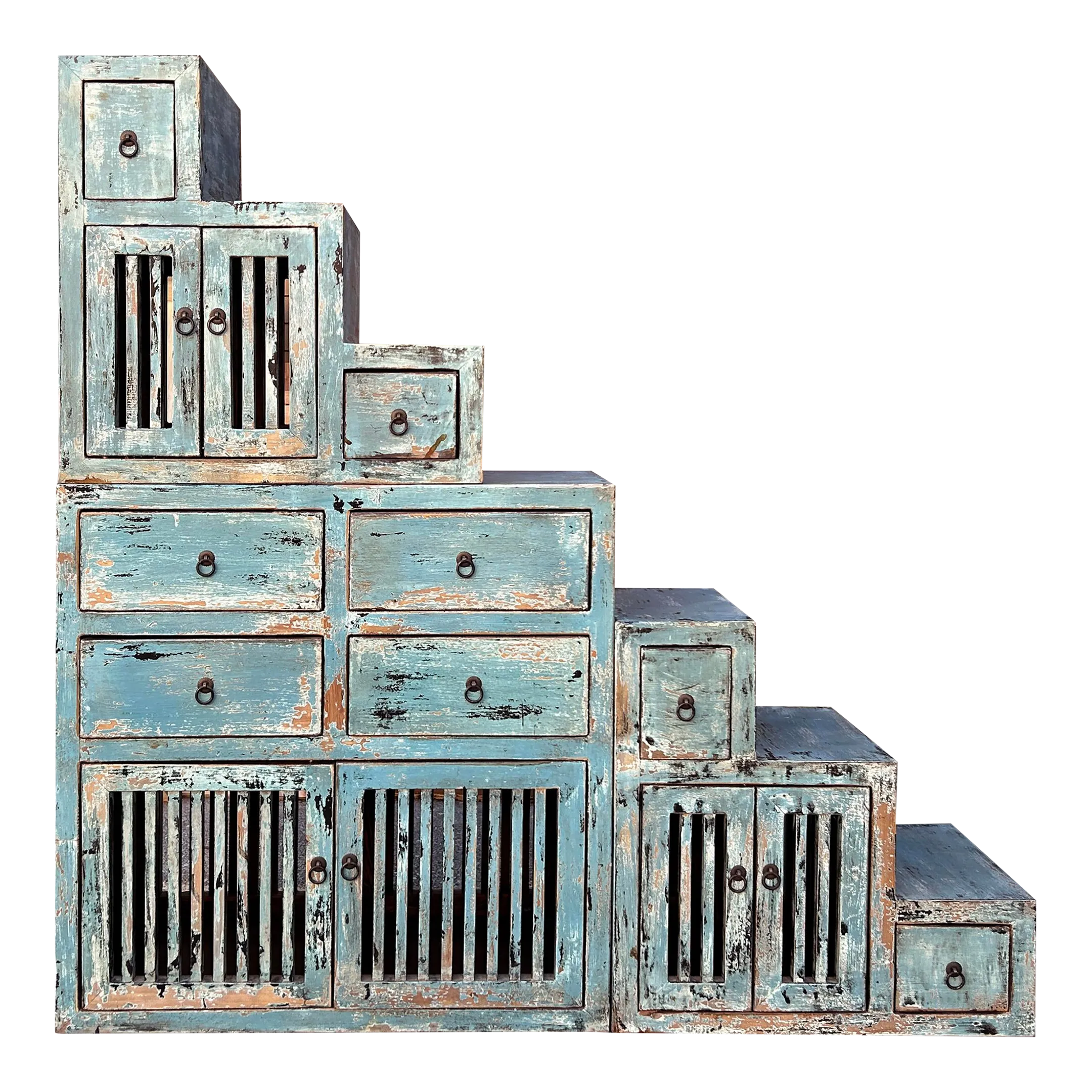 Distressed Pastel Blue Triangle Step Tansu Storage Cabinet Display Room ...